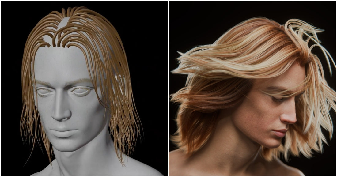 CGI hair strands rendered in Blender showing realistic movement and shine